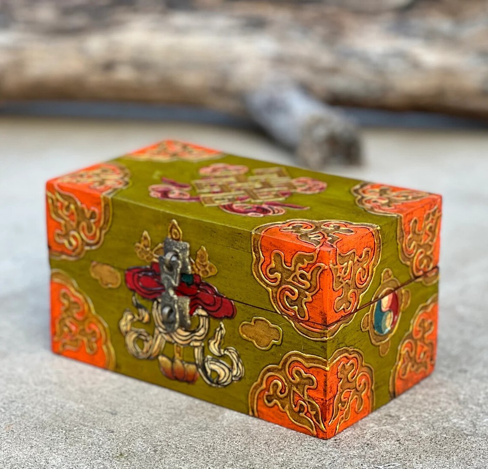 Hand Carved Painted Tibetan Wooden Box Nepal Keepsake Jewelry Watch ...
