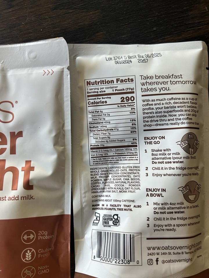 OATS OVERNIGHT (2) Mocha Dream Over Night Oats Packets 850000223080| eBay