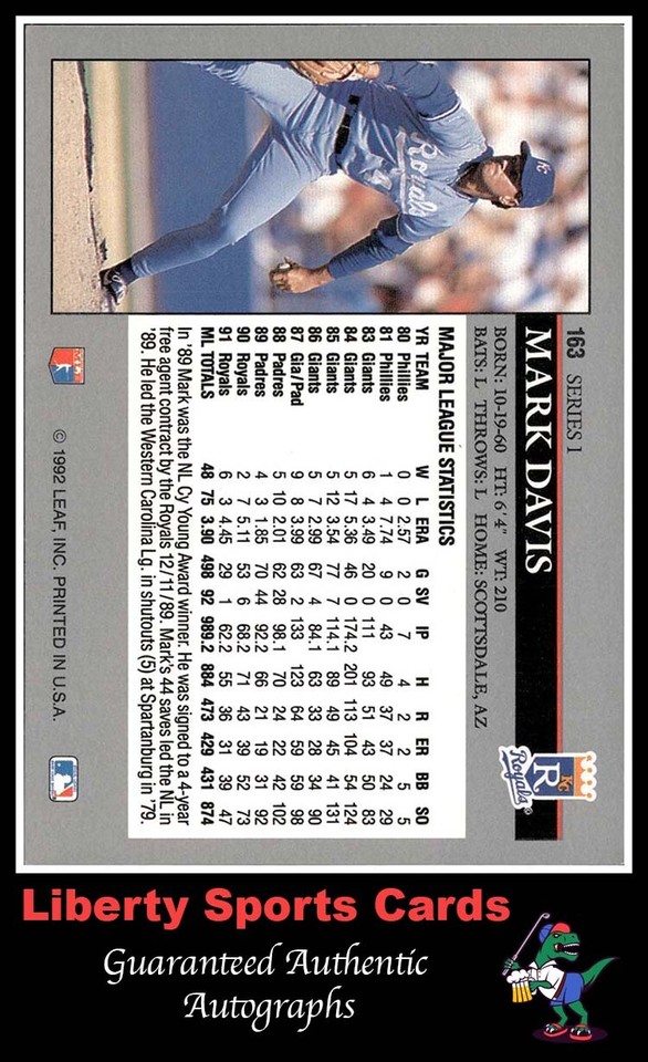 1992 Leaf Mark Davis #163 Authentic Autographed Card Kansas City Royals ...