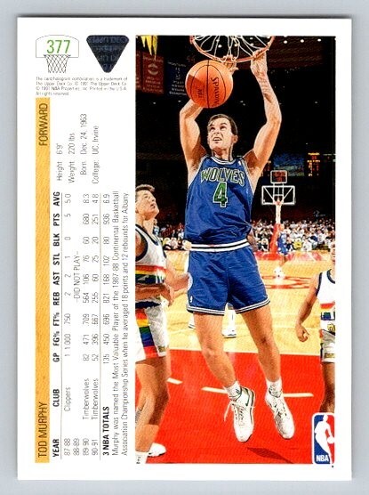 1991-92 Upper Deck Tod Murphy #377 Minnesota Timberwolves | eBay
