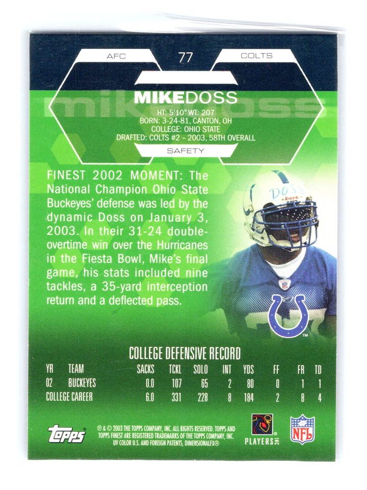 2003 Finest Football #77 Mike Doss Rookie RC Indianapolis Colts | eBay