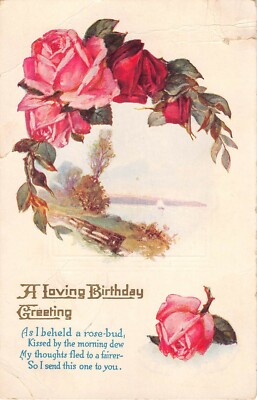 Pretty Roses Around a River Scene on Old Birthday Postcard | eBay