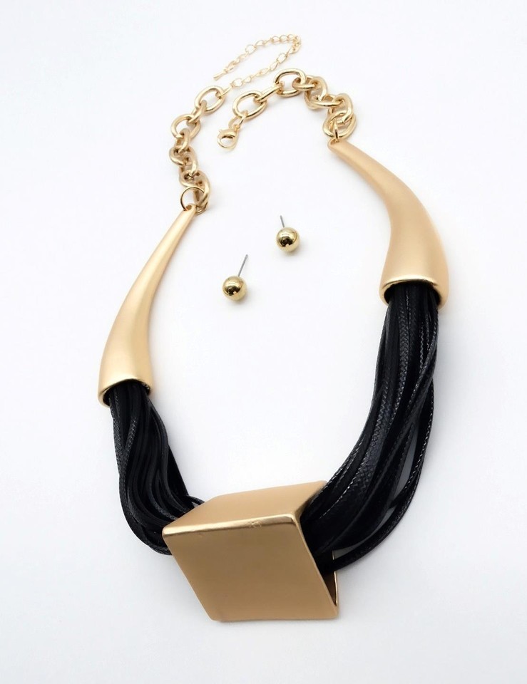 UNIQUE Sculpted Mat Gold Triangle Medallion Black Cords Necklace ...