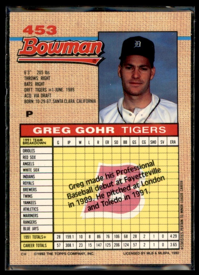 1992 BOWMAN GREG GOHR DETROIT TIGERS #453 | eBay