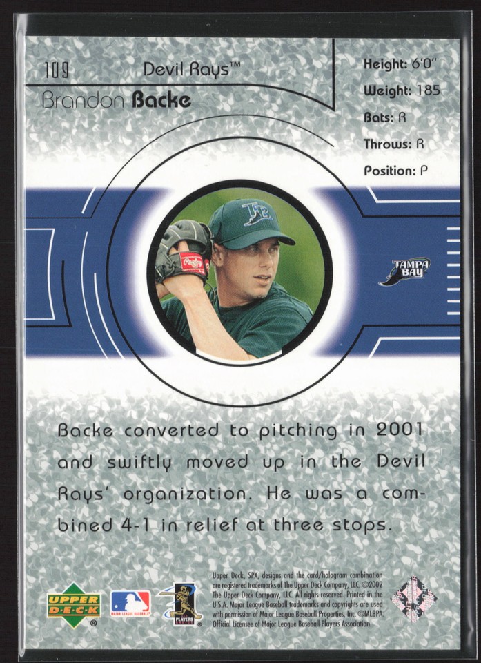 2002 SPx Brandon Backe Action /1800 Rookie Card RC #109 | eBay