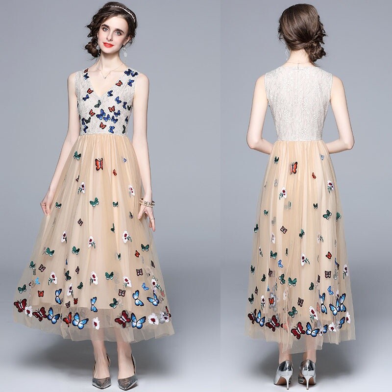 Elegant Ladies Butterfly Embroidery Lace Mesh Long Dress Sleeveless V ...