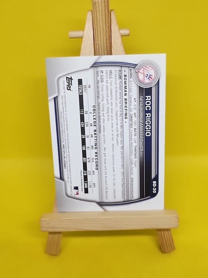 Roc Riggio 2023 Bowman Draft Chrome 1st Rookie #BDC-30 New York Yankees ...