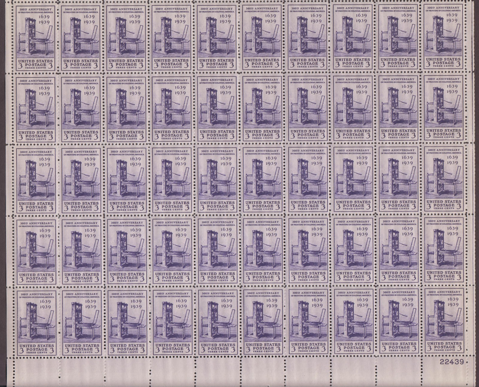 USA, 857, COLONIAL PRINTING 1939, MINT NH, VINTAGE 1930'S, FULL SHEET ...
