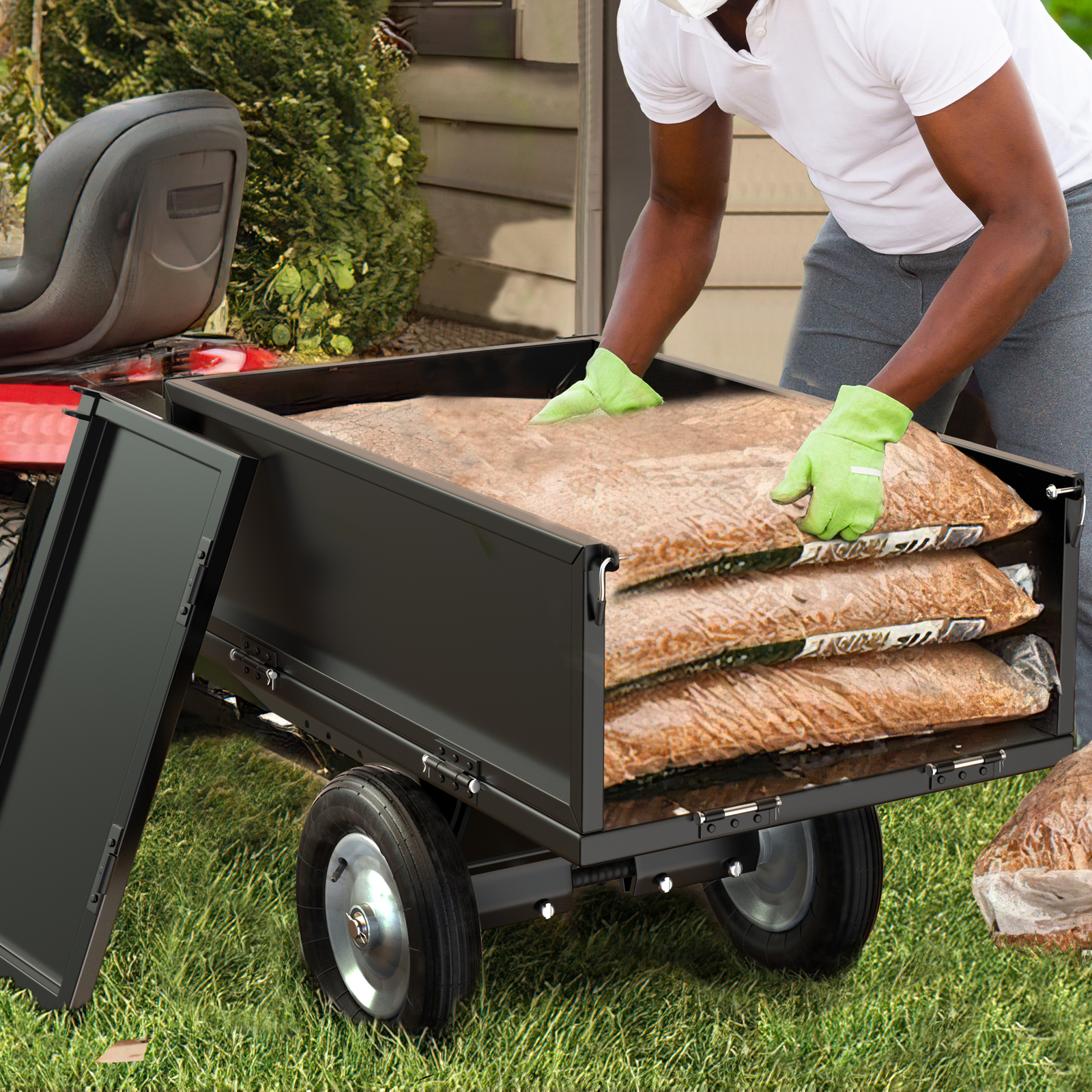 Steel Dump Cart Tow Behind Lawn Dump Cart for Lawn Tractor 500LBS Black ...