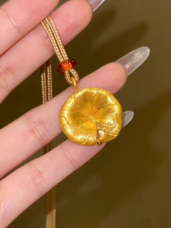 Vintage Gold Plated Lotus Leaf Pendant Adjustable Braided Cord Necklace ...