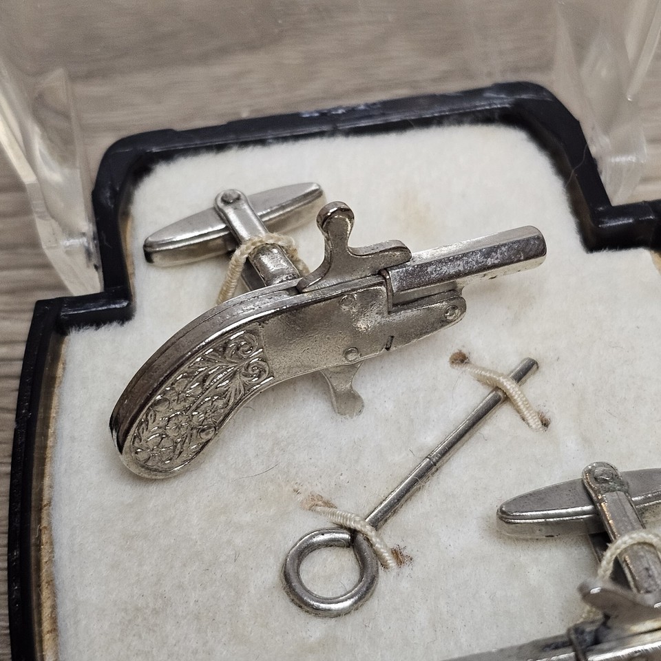 Vintage Berloque Miniature Pistol Gun Cuff Link Set Pin Fire RARE ...