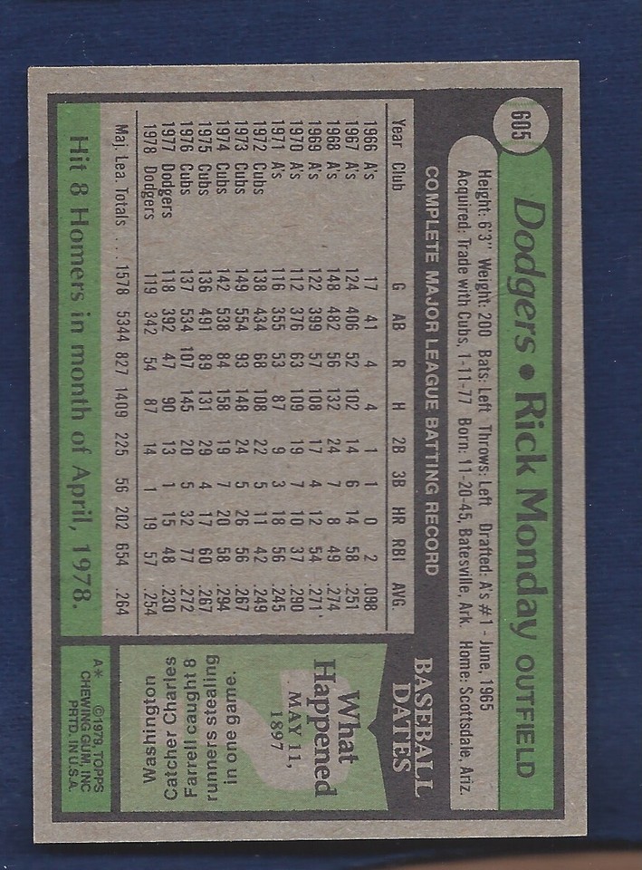 NICELY CENTERED SHARP 1979 TOPPS BASEBALL #605 RICK MONDAY .99 SHIP ...