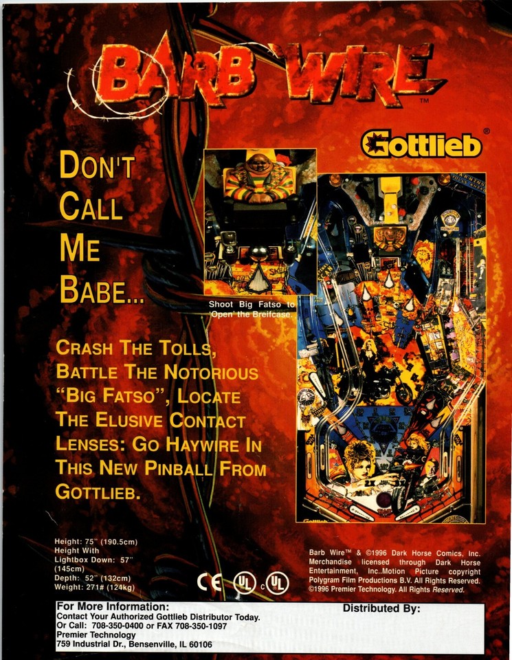 Barb Wire Pinball FLYER 1996 Original Game Motorcycle Artwork Pamela ...
