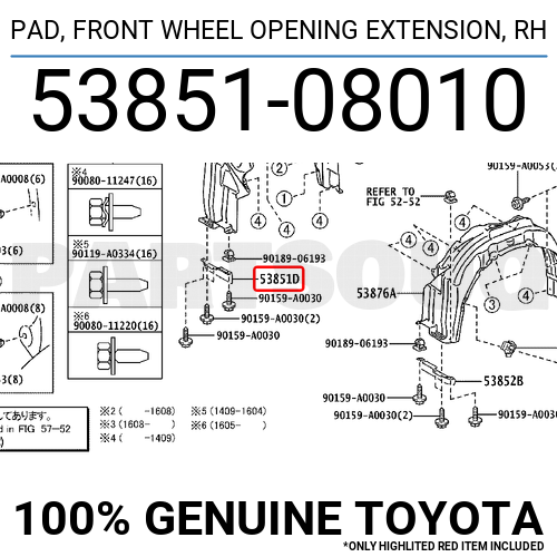 5385108010 Genuine Toyota PAD, FRONT WHEEL OPENING EXTENSION, RH 53851 ...