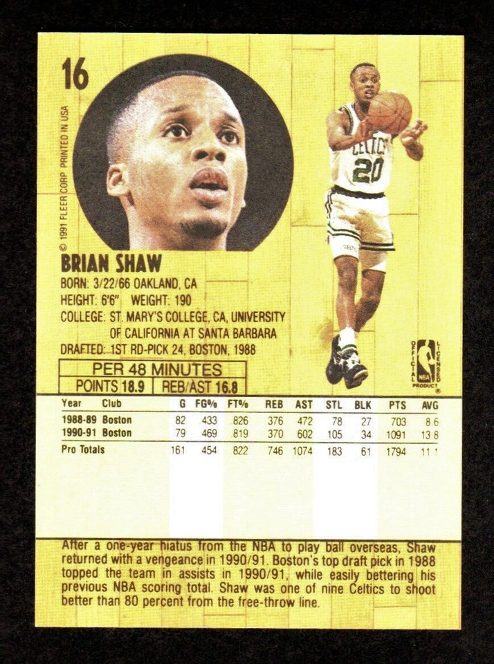 1991-92 Fleer #16 Brian Shaw Boston Celtics Basketball Card NM/MT | eBay