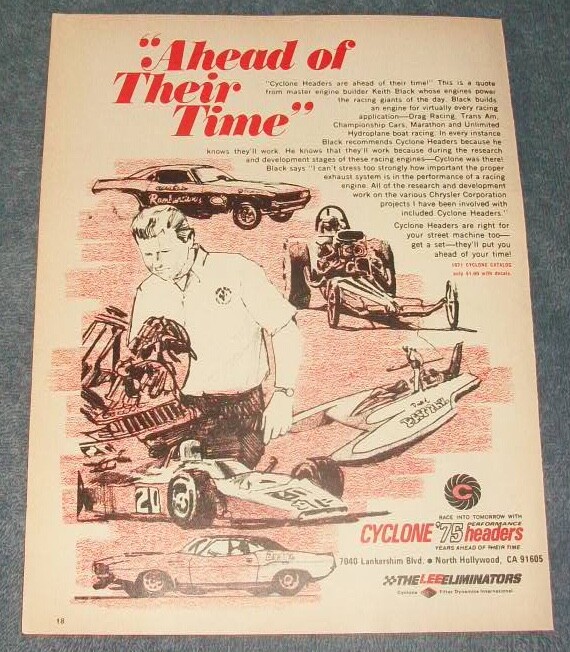 1971 Cyclone Headers Vintage Exhaust Ad with Keith Black "Ahead of ...