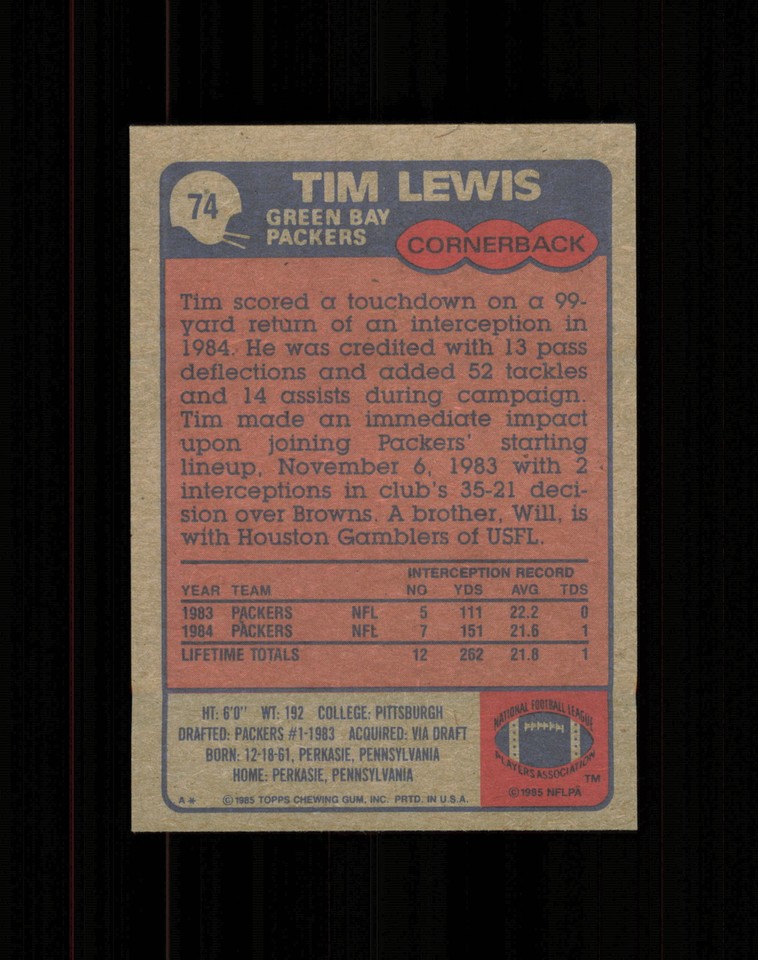 1985 Topps Football #74 Tim Lewis Green Bay Packers | eBay