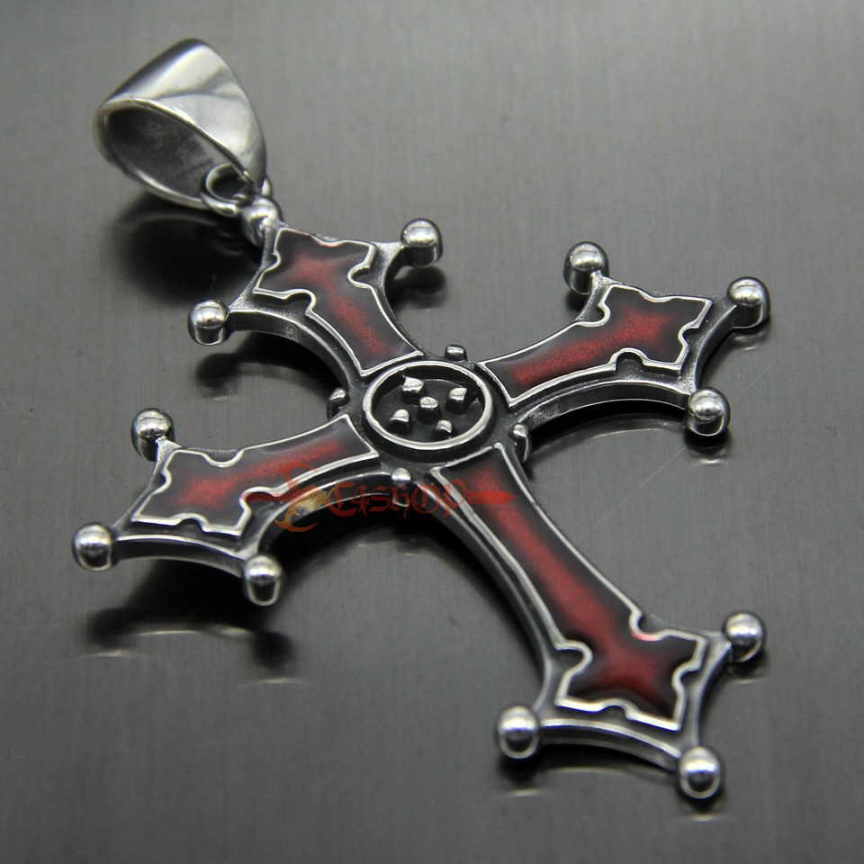 Men's Huge Bloody Red Enamel 316L Stainless Steel Cross Necklace Chain ...