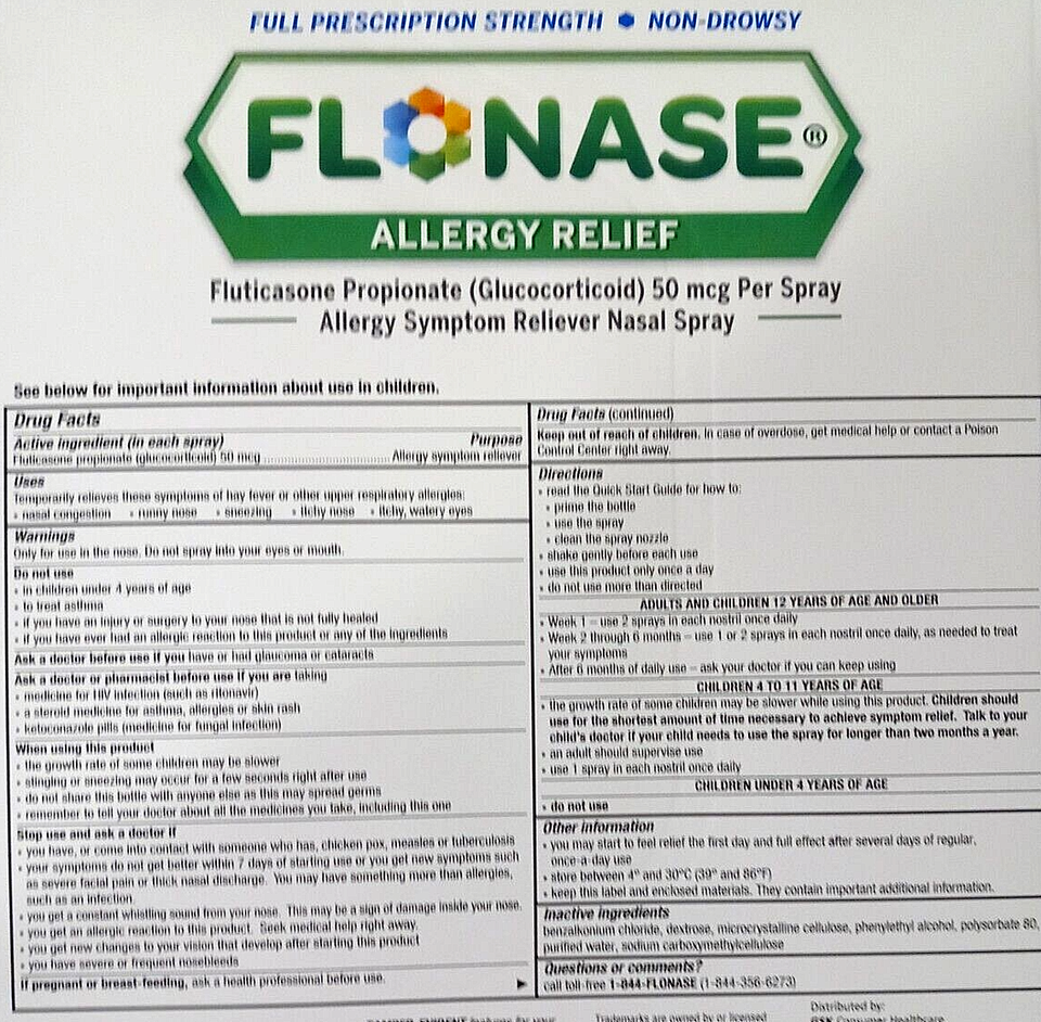 Flonase Fluticasone 50 mcg 24Hr Allergy Relief 3x144 Metered Sprays EXP ...