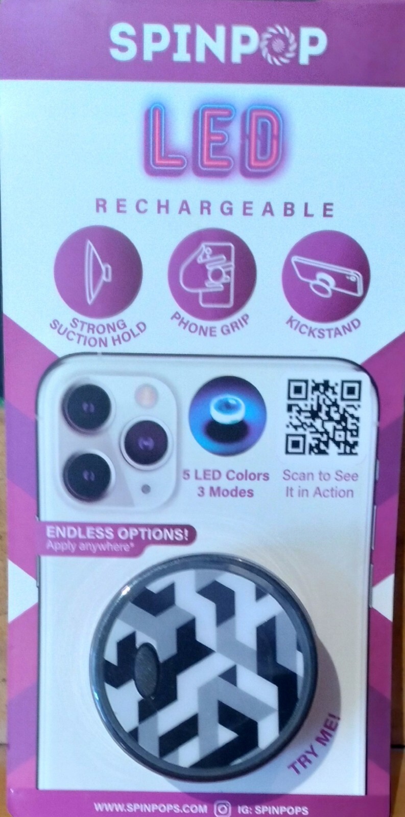 Spinpop Phone Holder - LED Rechargeable Geometric Pattern - 5 Colors w/ 3 Modes | eBay