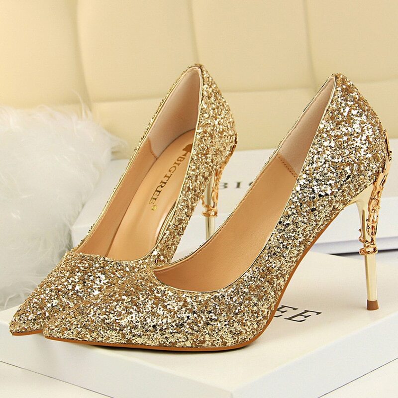 Women 10cm High Heels Glitter Pointed Toe Pumps Stilettos Wedding Party ...