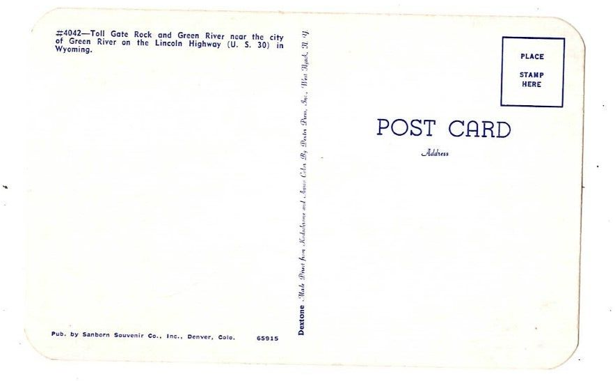 Postcard Toll Gate Rock & Green River Near Green River Wyoming Lincoln ...
