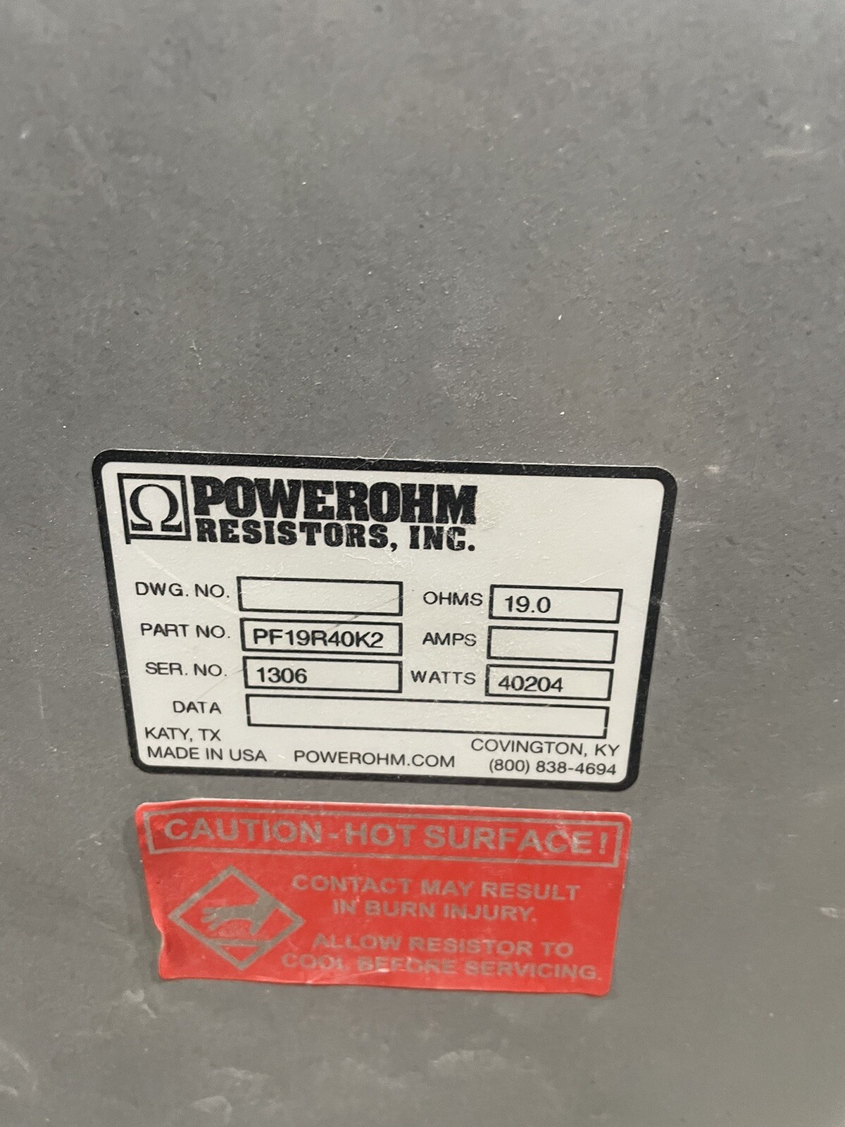 Powerohm Braking Resistor Model: PF19R40K2, 19 OHMS, 40204 WATTS, NEW ...
