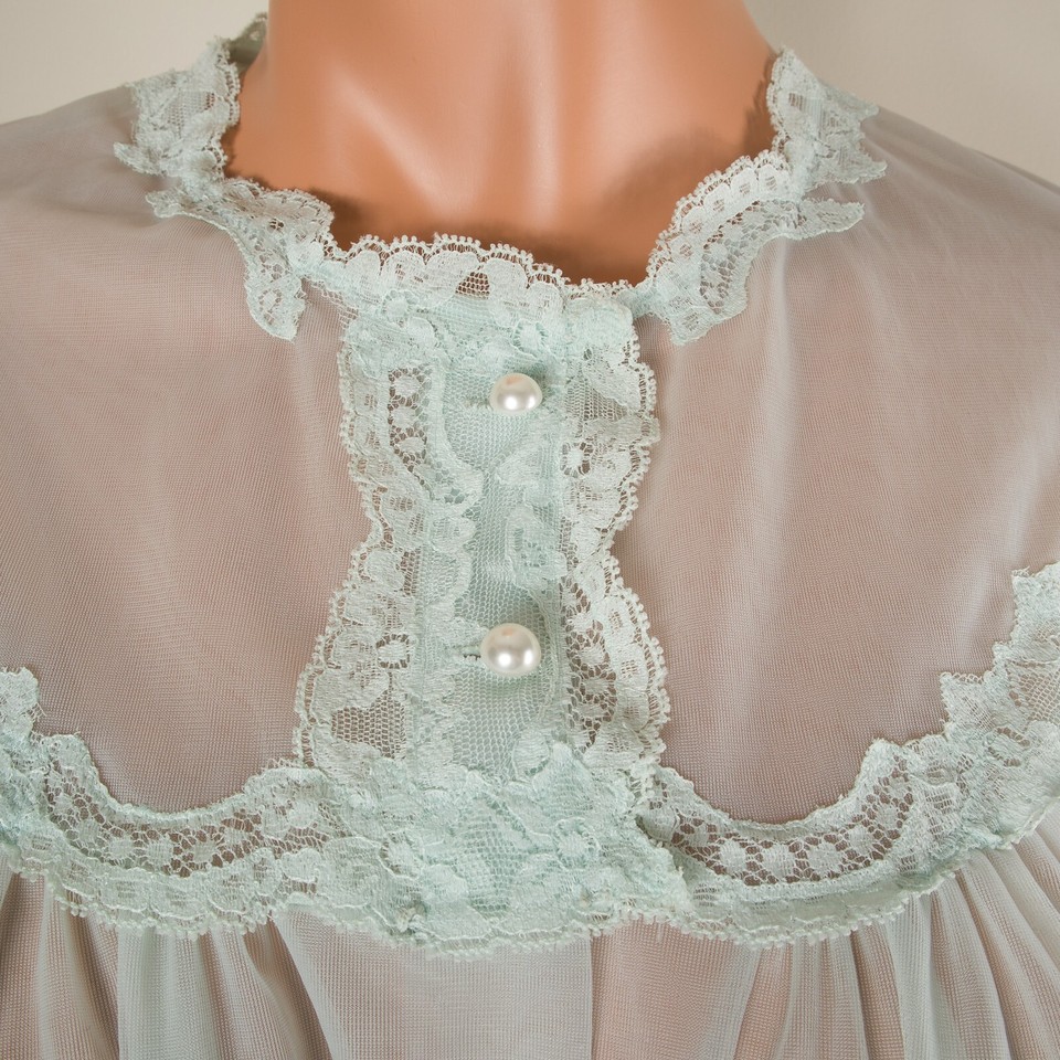 💖 SHADOWLINE Double Chiffon Mint Green Peignoir Robe Gown Nylon Full ...