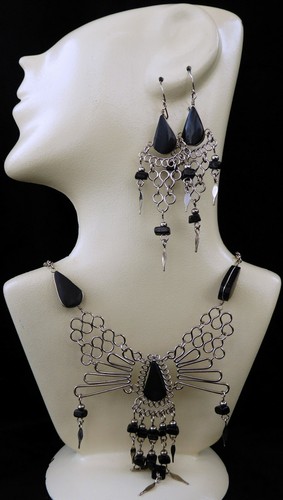 New Peruvian Obsidian Stone Alpaca Silver Necklace and Earrings Set ...