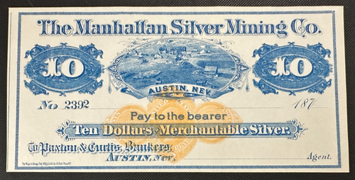 1875 MANHATTAN SILVER MINING CO. $10 Note RN-D1 Revenue Austin, Nevada ...