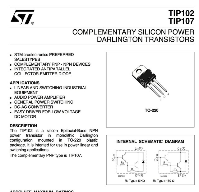 STMicroelectronics TIP102 Darlington Transistor NPN 100v To-220 for ...