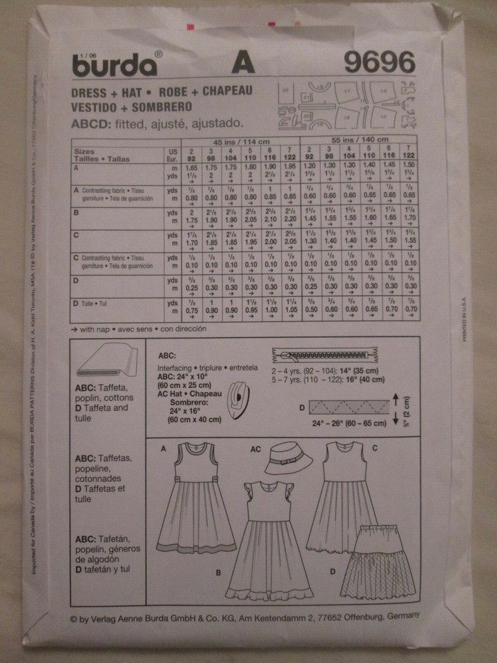 Burda 9696 Girls Size 2-7 Dress Hat Petticoat Pattern Spring Summer ...