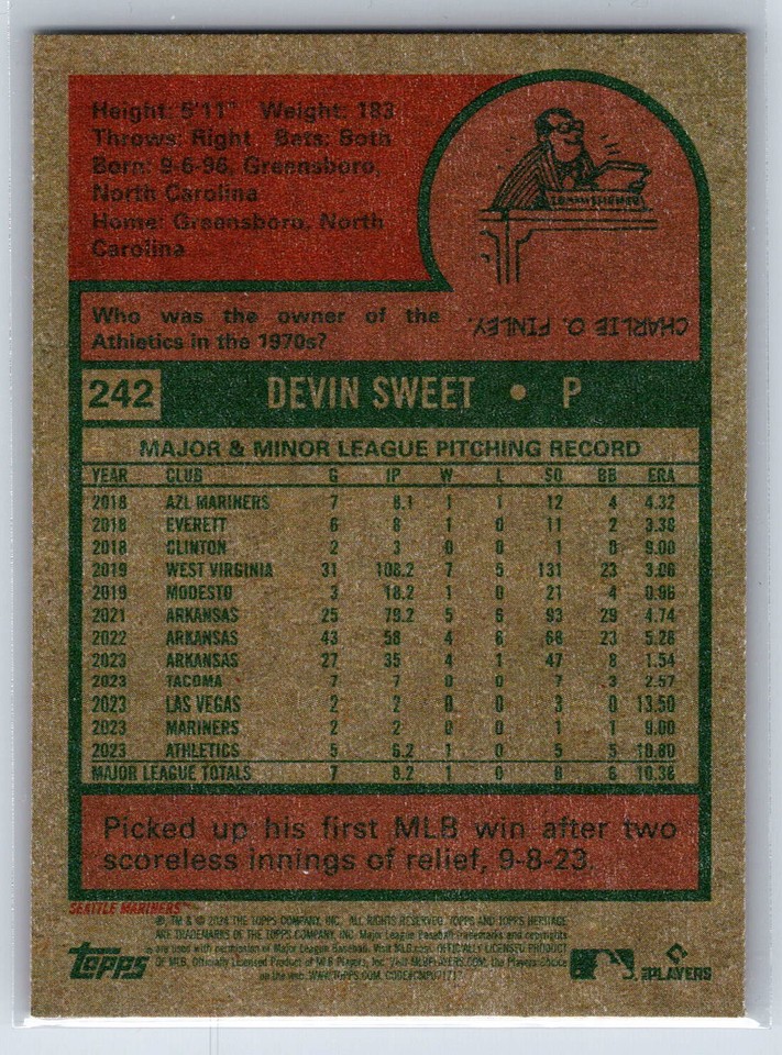 2024 Topps Heritage Devin Sweet Rookie Seattle Mariners RC #242 | eBay