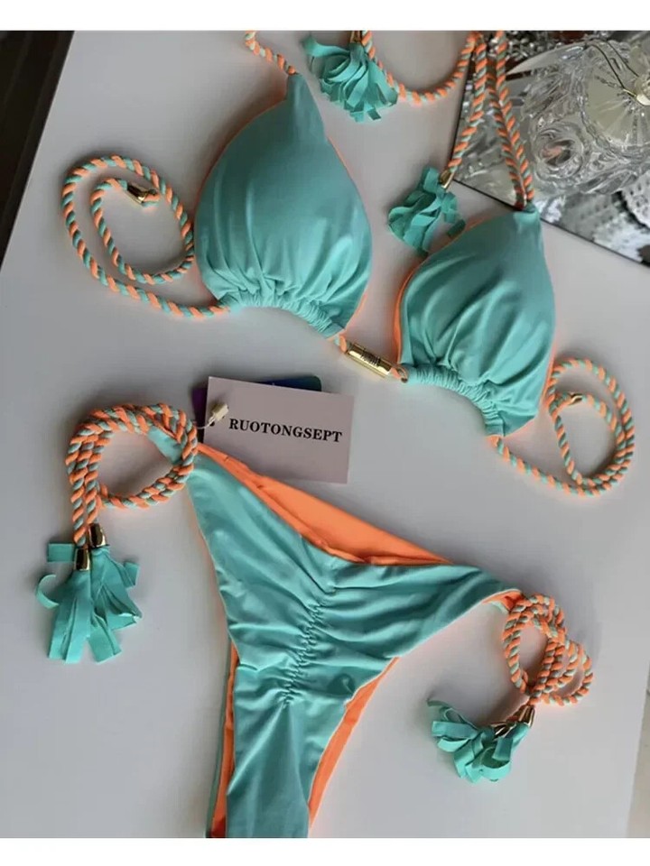 Womens Sexy Triangle Bikini Swimsuit Braided String Swimwear Thong ...