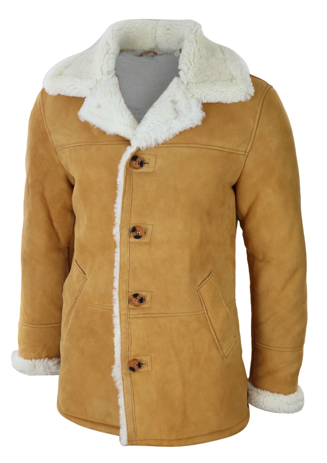 Mens 3/4 Genuine Sheepskin Coat Classic Tan Brown Camel Jacket Cream ...