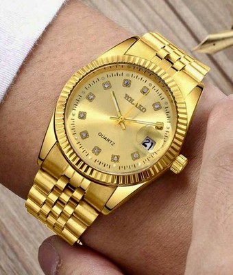 YOLAKO Men's Classic Gold-Tone Stainless Steel Quartz Watch with Date ...