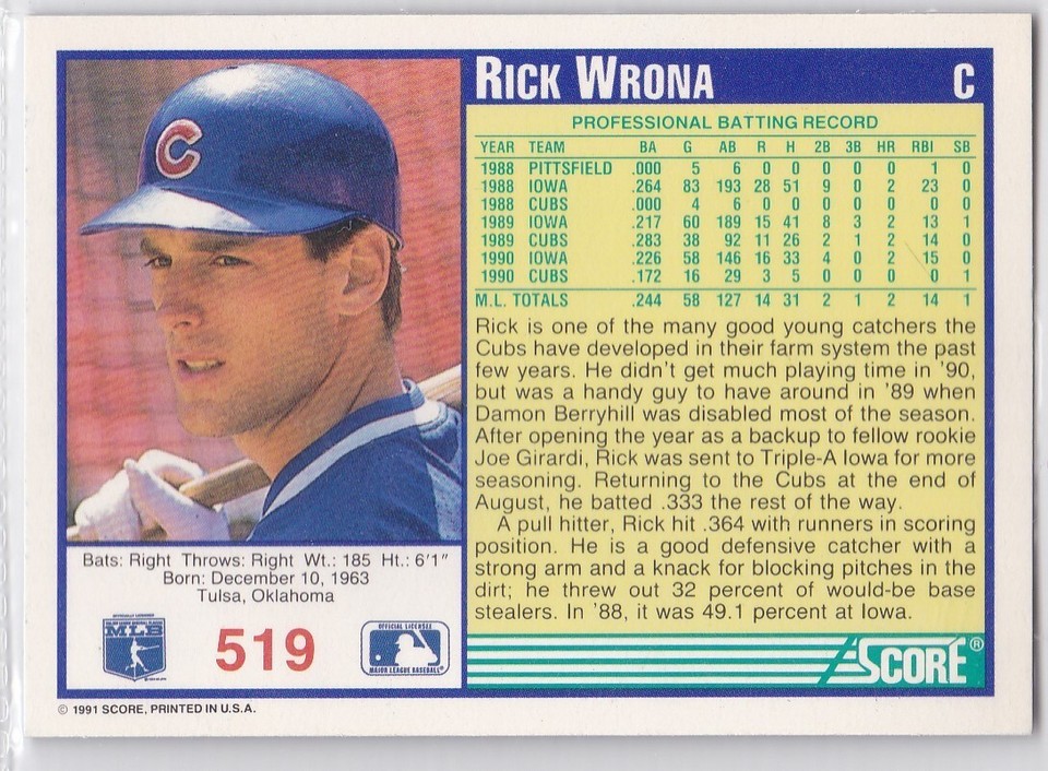M) 1991 Score Baseball Trading Card - Rick Wrona #519 | eBay