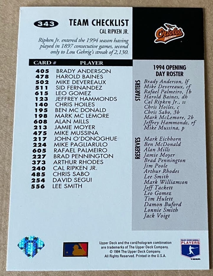 CAL RIPKEN JR. HOF 1994 UD COLLECTOR'S CHOICE CHECKLIST CARD#343 NM-MT ...