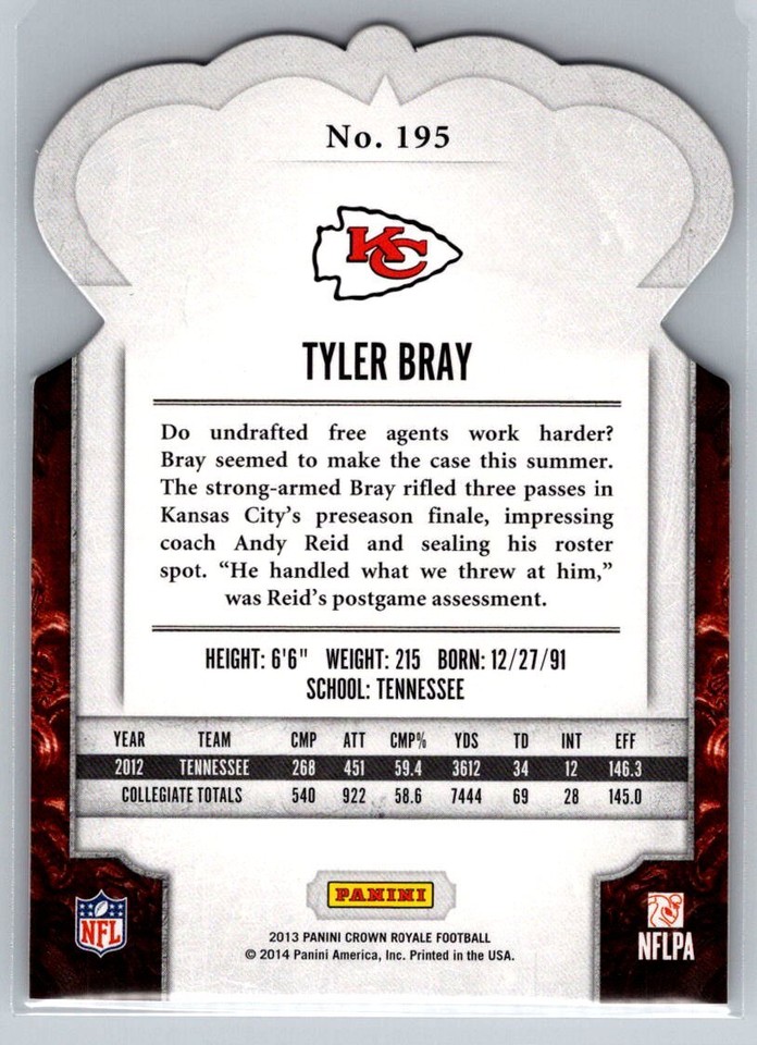 2013 Panini Crown Royale #195 Tyler Bray Bronze Rookie RC CHIEFS | eBay