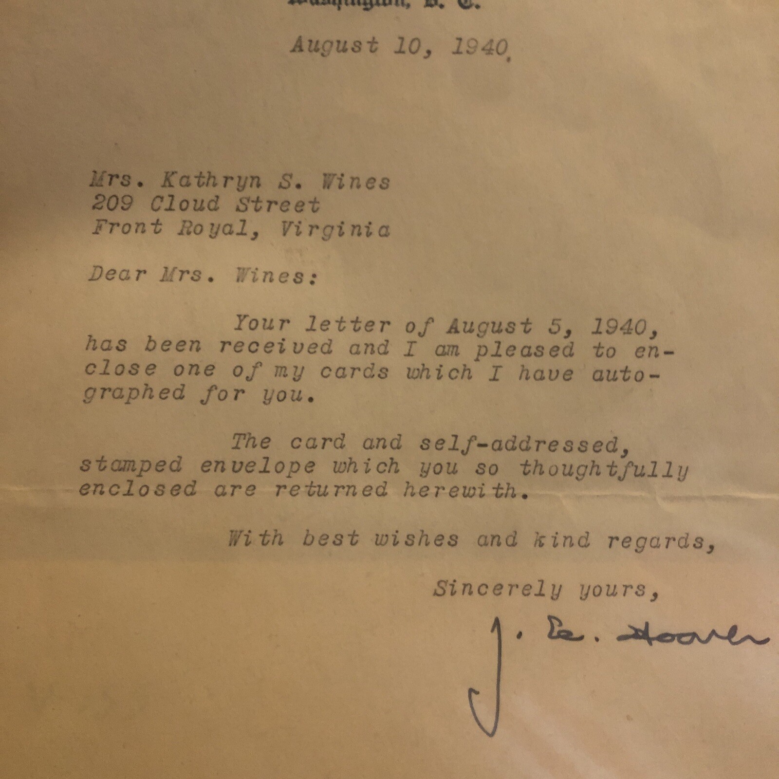 1940 J. Edgar Hoover Hand Signed FBI Letterhead Letter With C.O.A. | eBay