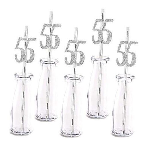 Silver Happy 55th Birthday Straw Decor, Silver Glitter 24pcs Cut-Out ...