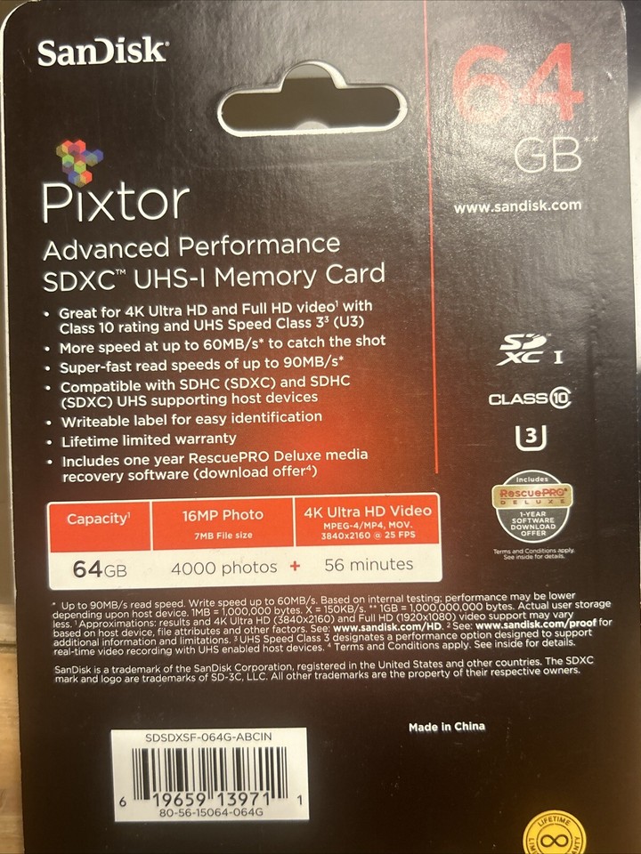 SanDisk - Pixtor Advanced 64GB SDXC UHS-I Memory Card 619659139711| eBay