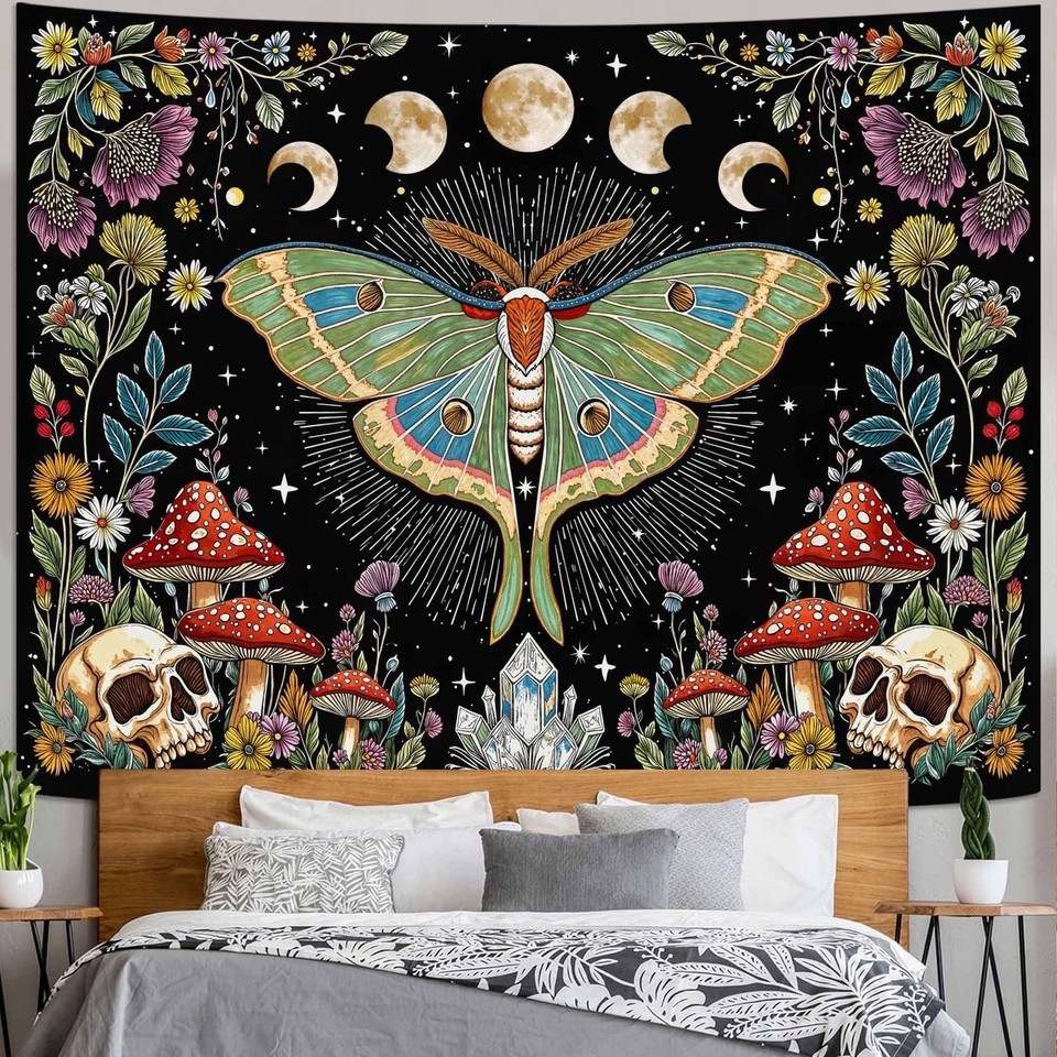 Moth Tapestry Boho Mushroom Hippie Skull Wall Tapestry for Bedroom ...