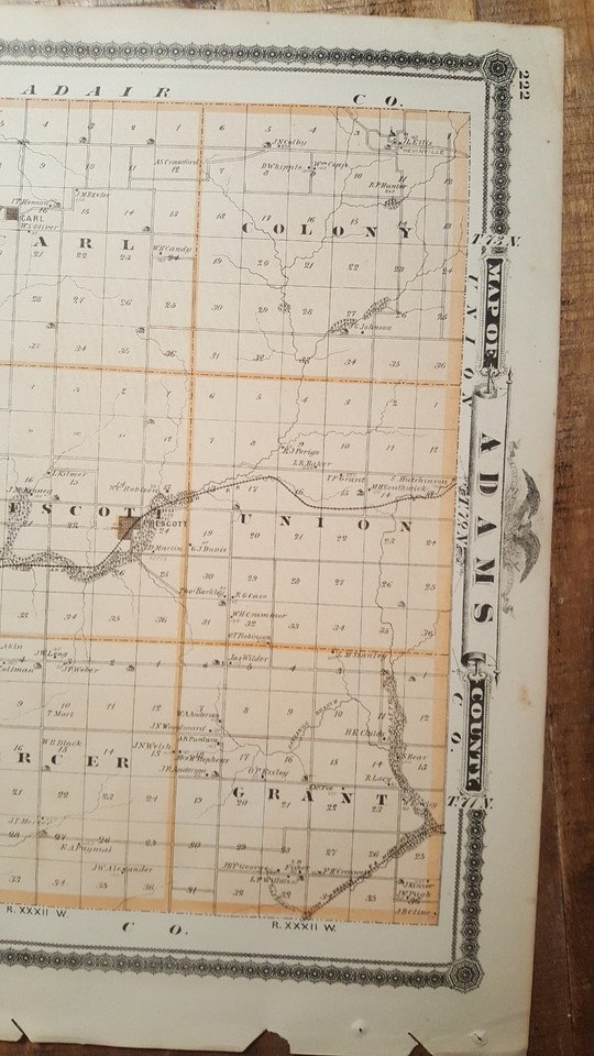 NICE ANTIQUE MAP - UNION & ADAMS COUNTY - IOWA - Andreas Atlas Co. 1875 ...