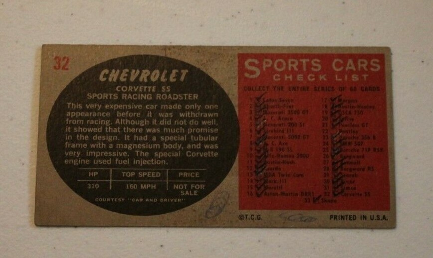 1961 Topps, Card #32, Chevrolet Corvette SS, Sports Racing Roadster | eBay