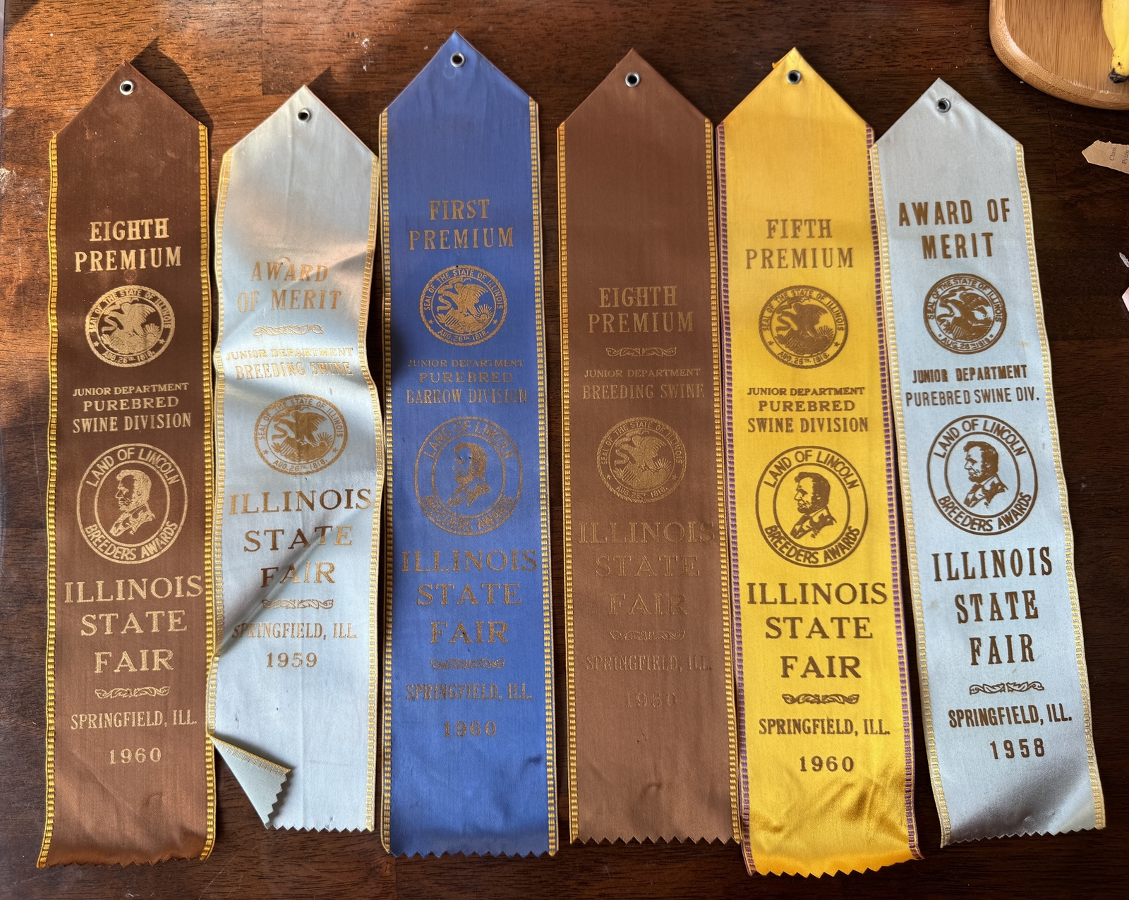 Lot of 6 1958-1960 Illinois State Fair Premium & Award of Merit Ribbons ...