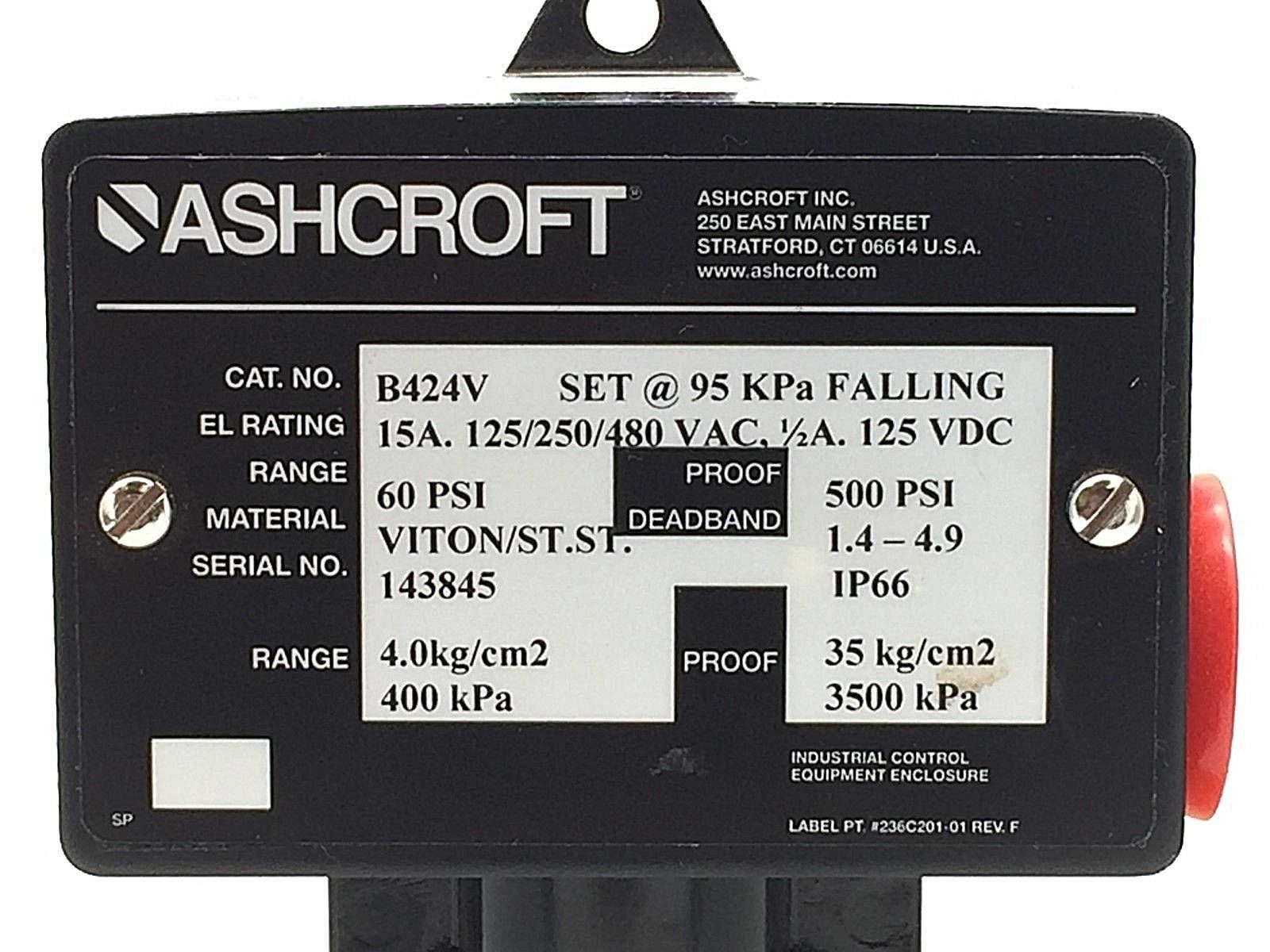ASHCROFT B424V XMDFS Pressure Switch 15A,125/250/480VAC 1/2A 125VDC ...