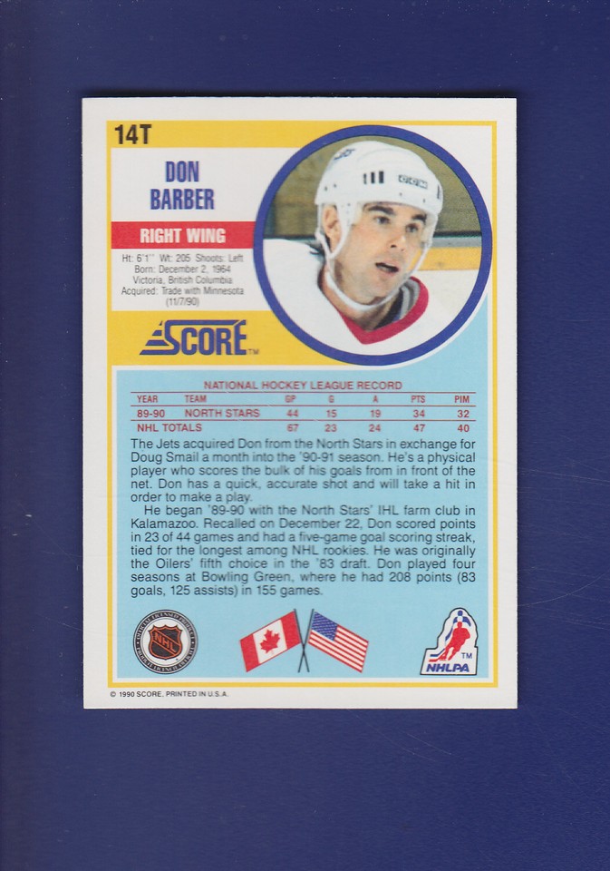 Don Barber RC 1990-91 SCORE Hockey Rookie & Traded #14T (NM+) Winnipeg ...
