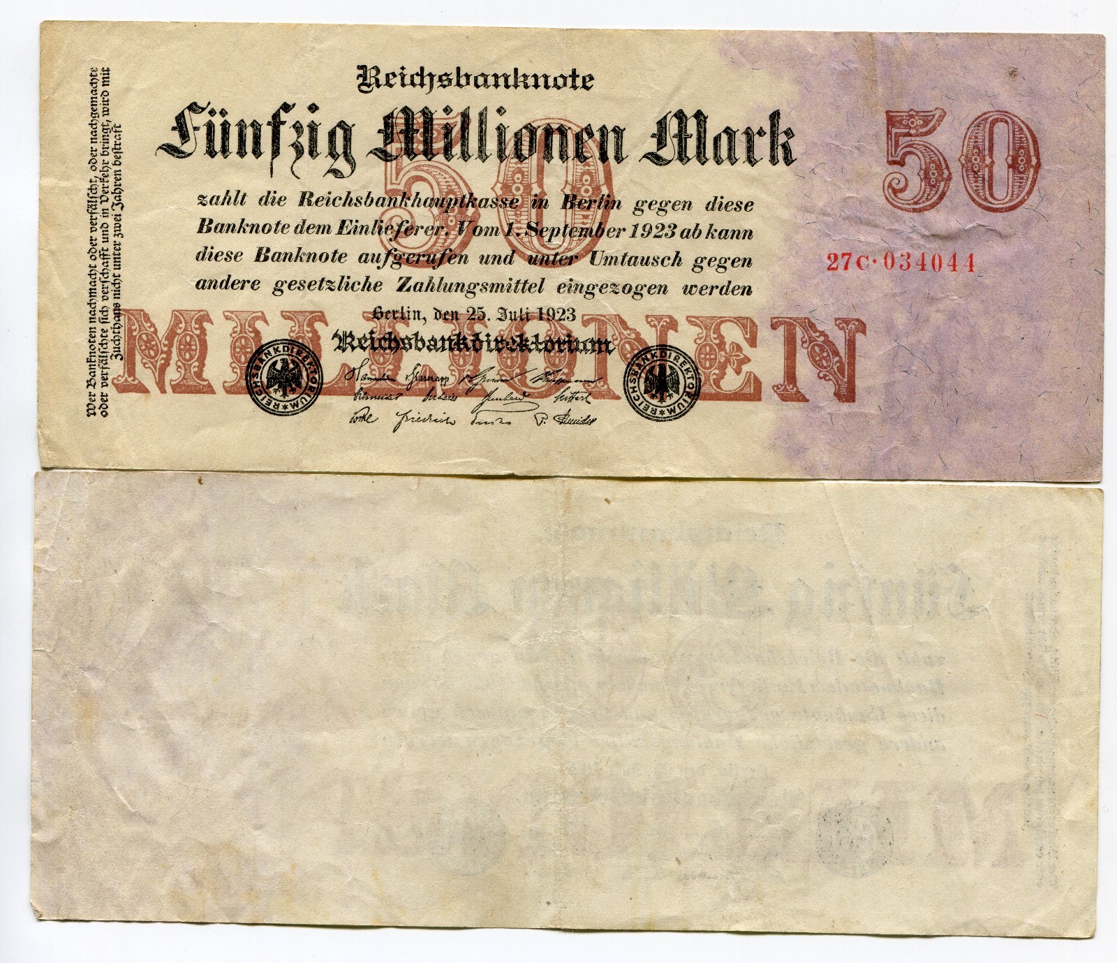 Old German 50 Million Mark Reichsbank Note Inflation Money 1923 in VF ...