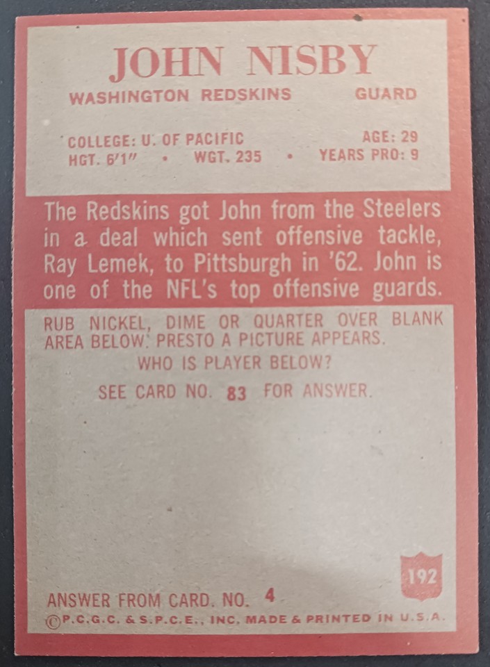 1965 Topps #192 John Nisby Washington Redskins NR-MINT | eBay